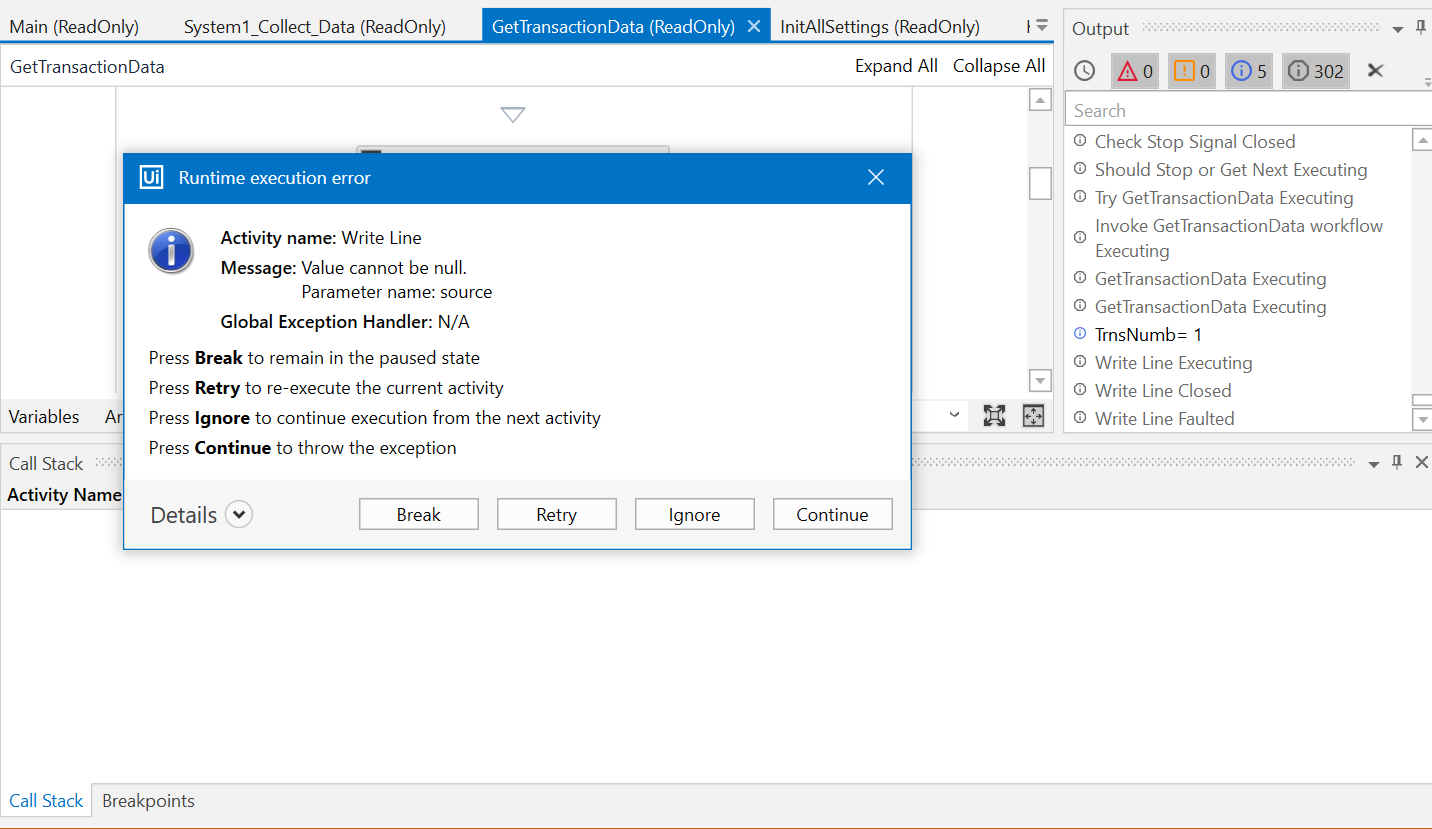 Error getting transaction data for Transaction Number: 1. Object reference not set to an ...