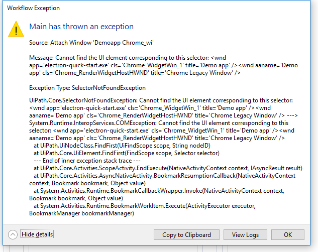 Screen Scraping Gives Correct Results But On Running The Workflow It Throws Selectornotfound 