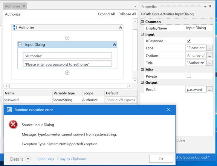 InputDialog TypeConverter Cannot Convert From System String Studio 