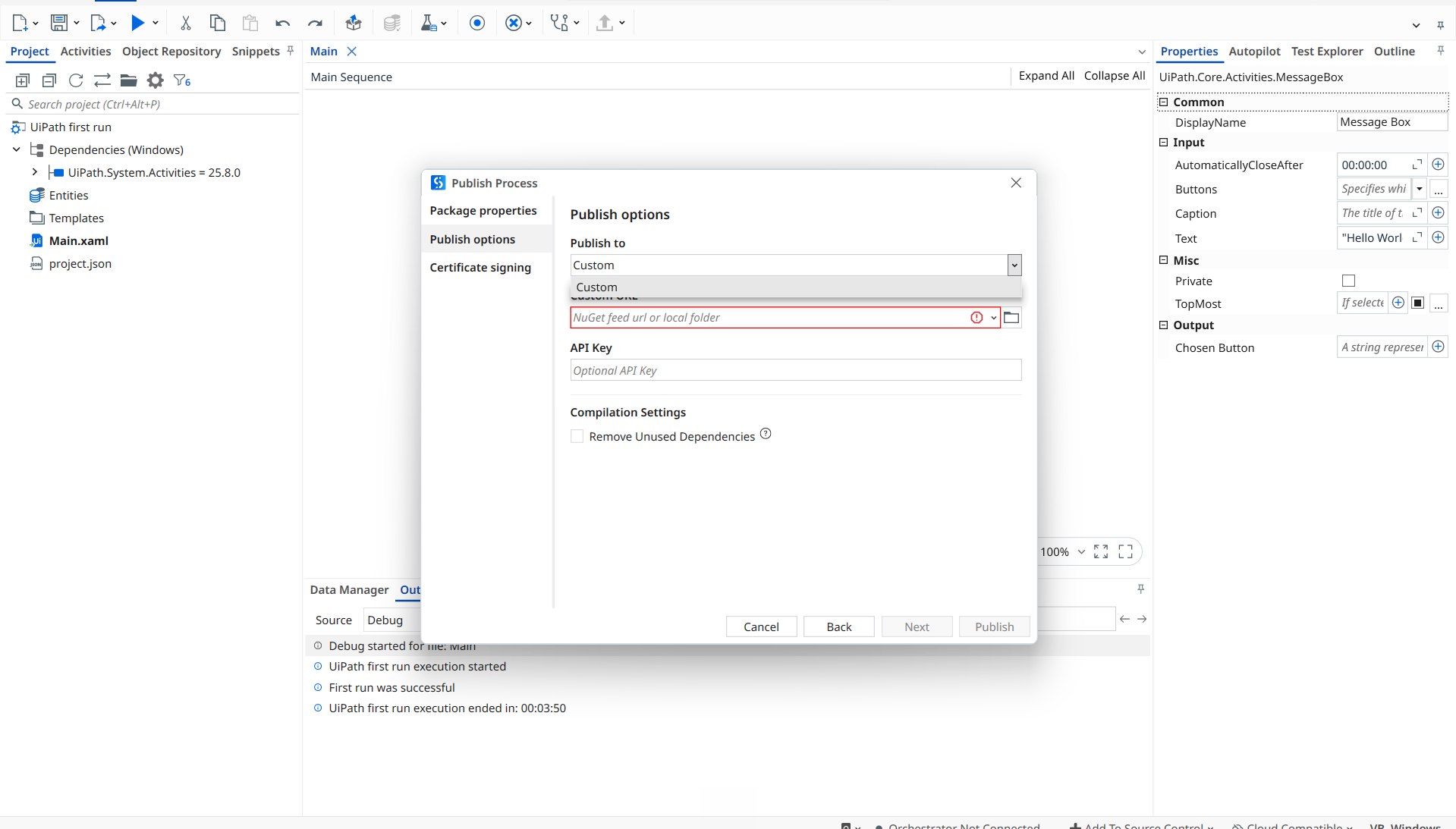 Unable to publish project to orchestrator personal workspace field - Studio - UiPath Community Forum