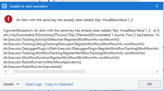 An item with the same key has already been added. Key: VisualBasicValue`1_2 - Studio - UiPath ...