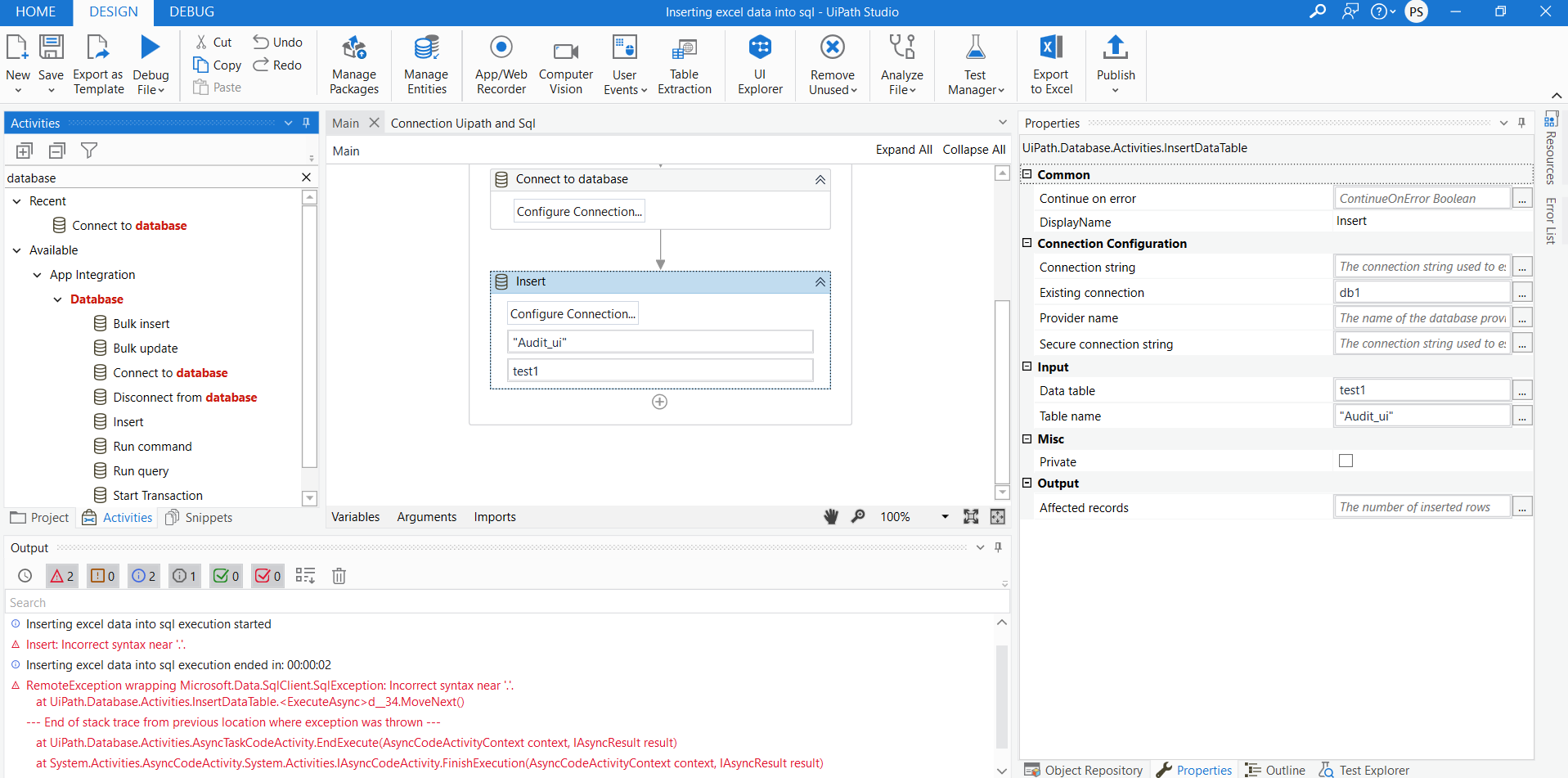 Error in inserting the excel data from uipath into sql server - Studio ...