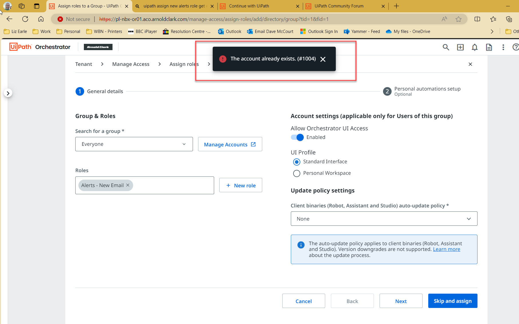 Error 1004 Account already exists when trying to add new "Alerts" Role ...