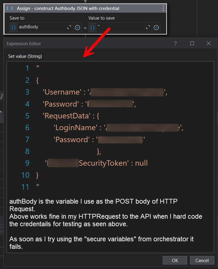Using a secure string from Orchestrator asset in an HTTPRequest JSON body for API - Studio ...