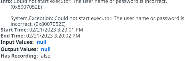 Ould not start executor. The user name or password is incorrect. (0x8007052E) System.Exception ...