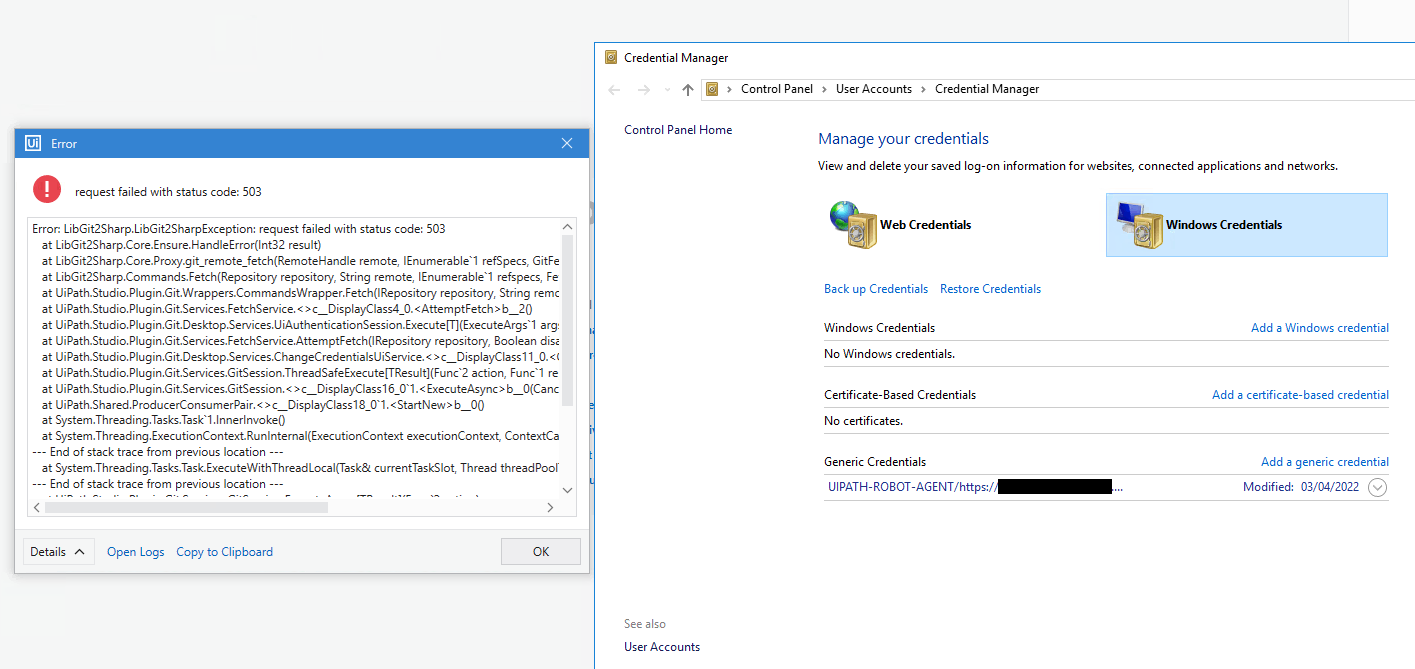 GIT Credential Error Re Failed With Status Code 503 Studio