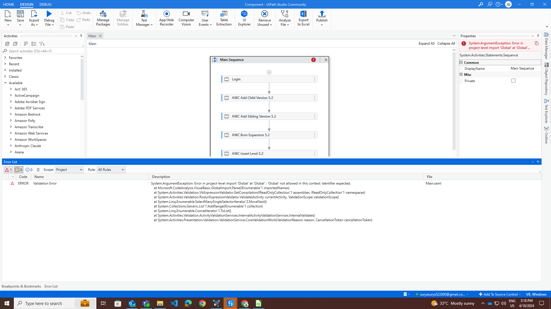 Error In Project Level Global At Global Global Not Allowed In Context