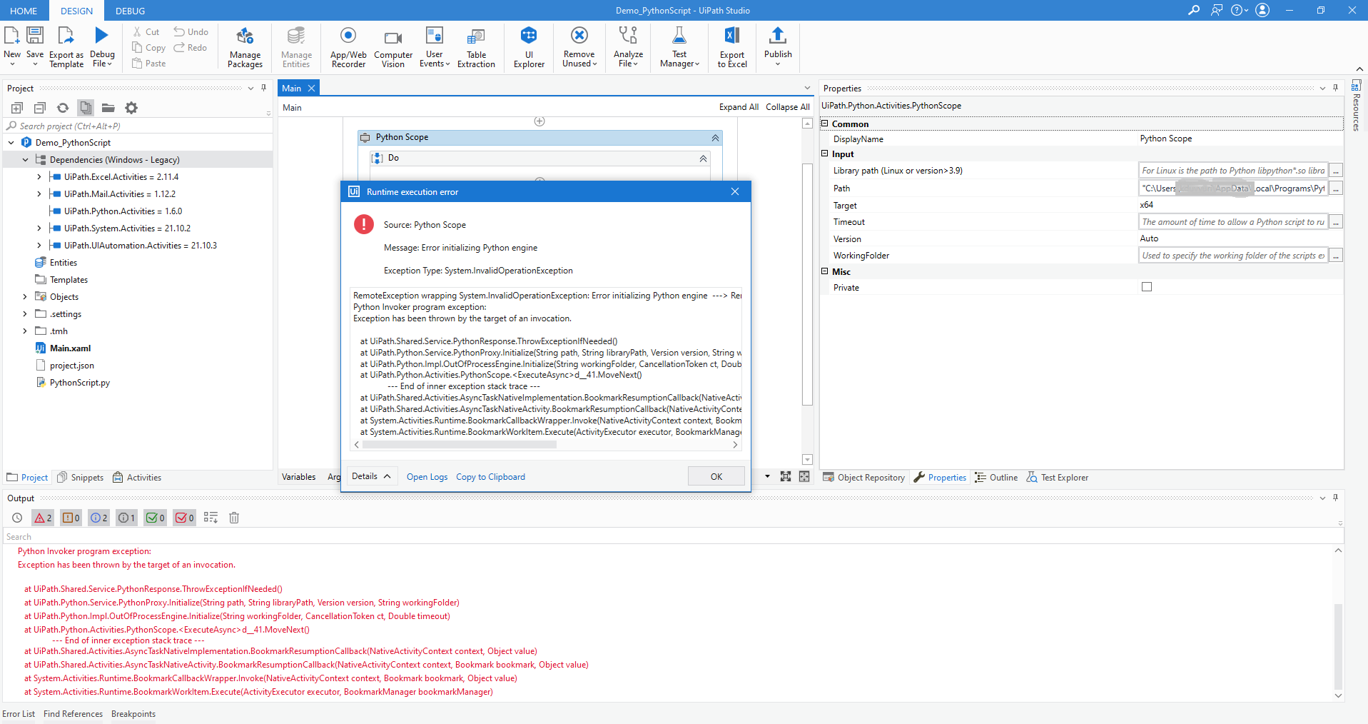 Unable To Run Python Scope Error Initializing Python Engine 64 Bit Studio UiPath Community 