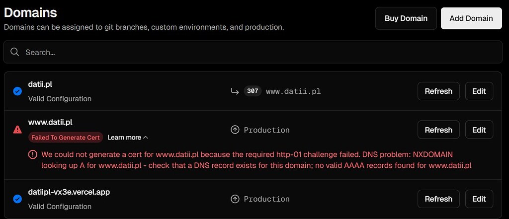 Failed to generate cert - Help - Vercel Community