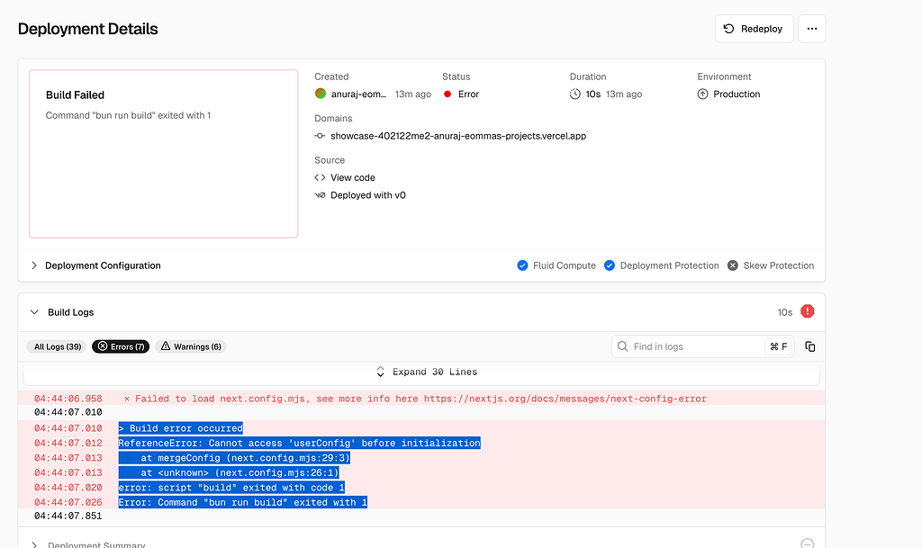 All my working deployments are failing trying to load next.config.mjs - v0 - Vercel Community