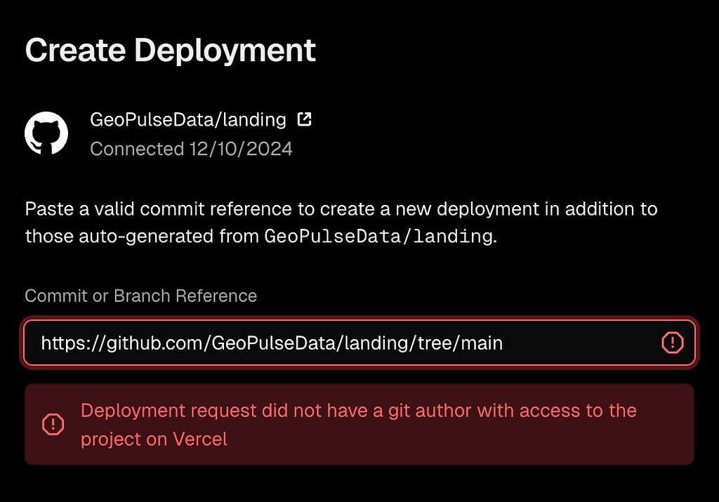 Deployment request did not have a git author with access - Help - Vercel Community