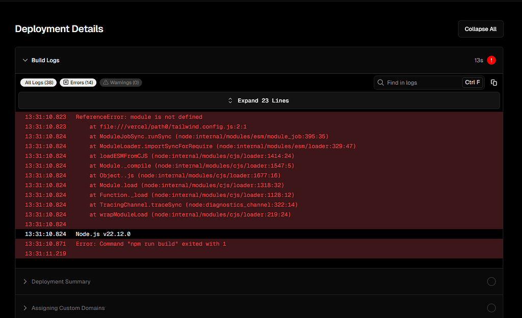 Errors during deployment; tailwind.config.js module not defined - Help - Vercel Community