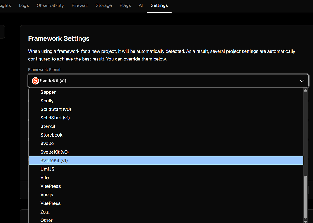 Update Framework settings labeling to include sveltekit 2 - Feedback - Vercel Community