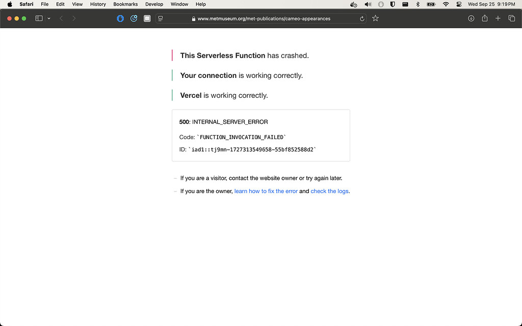 Inconsistent behavior with showing intended error.tsx page versus Vercel "serverless function ...