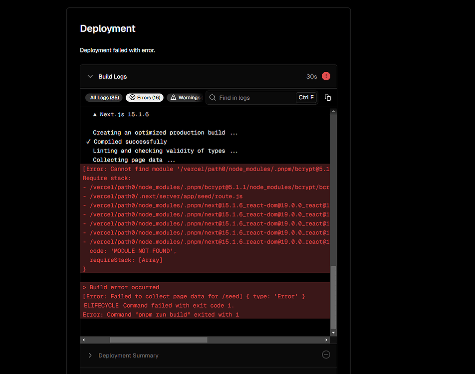 Vercel Next JS Dashboard Deployment Error Bcrypt - Help - Vercel Community