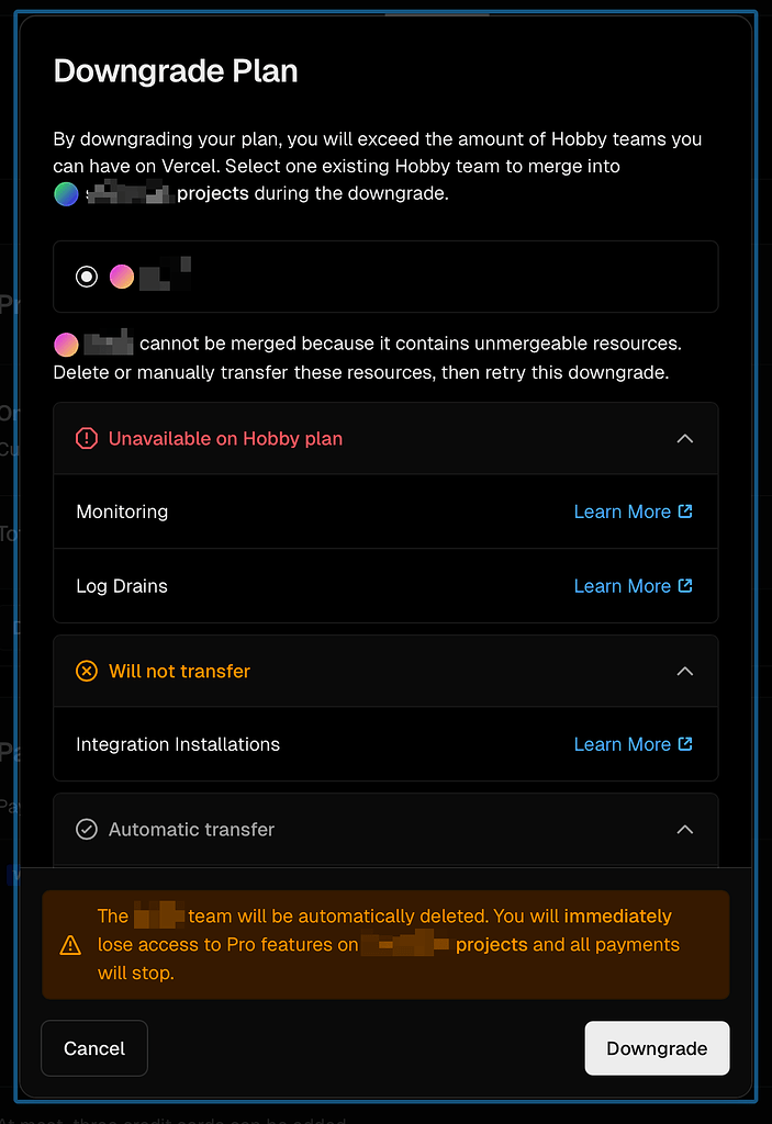 Can't downgrade from pro plan to hobby plan - Help - Vercel Community