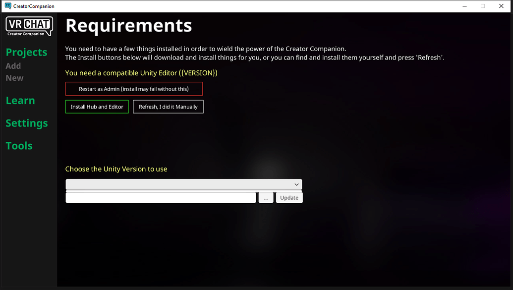 VRC Creator Companion not letting me install unity hub or select unity ...