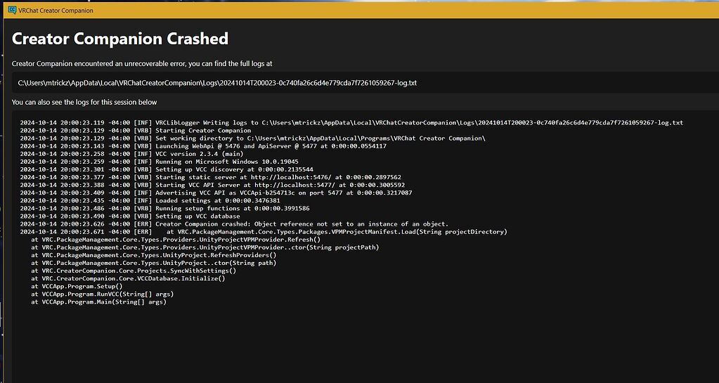 Object Reference Error when launching VCC and projects - Help! - VRChat ...