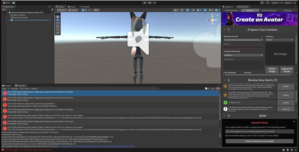I’m having trouble uploading an avatar in Unity. The upload fails and I ...