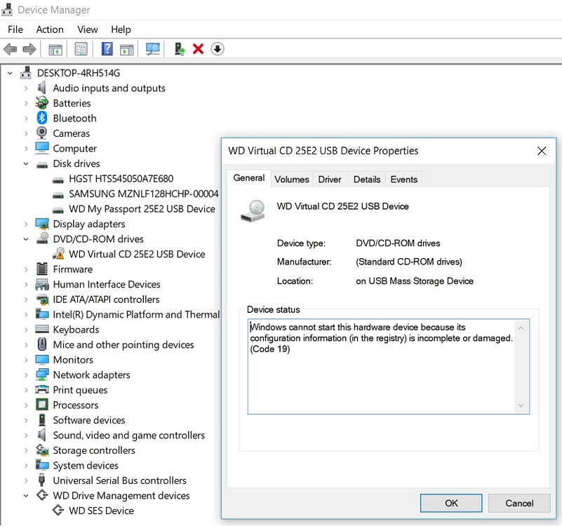 Can't detect My Passport, Virtual CD 25E2 USB Device Code 19 error - My ...