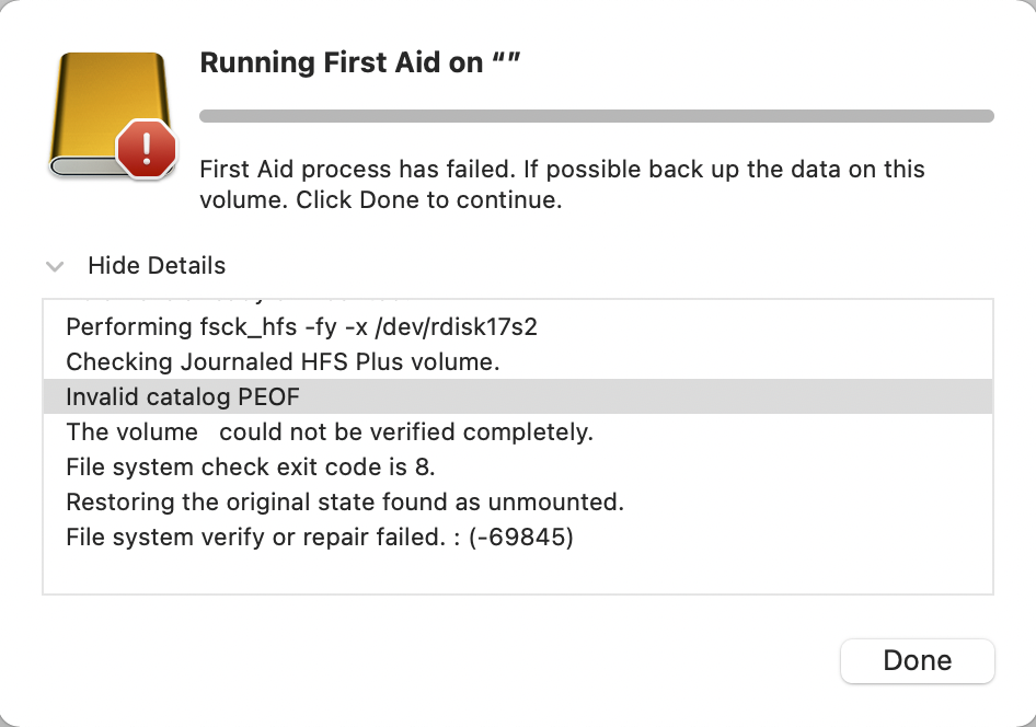  Invalid Catalog PEOF Error On First Aid Attempt On M1 Mac External 
